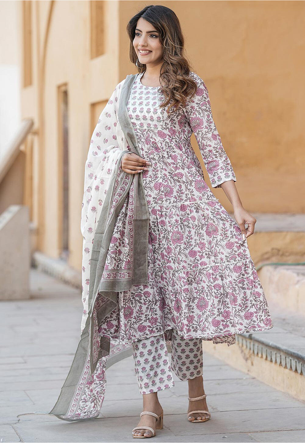 Buy Printed Pure Cotton Aline Suit in White and Purple Online : KPX145 ...