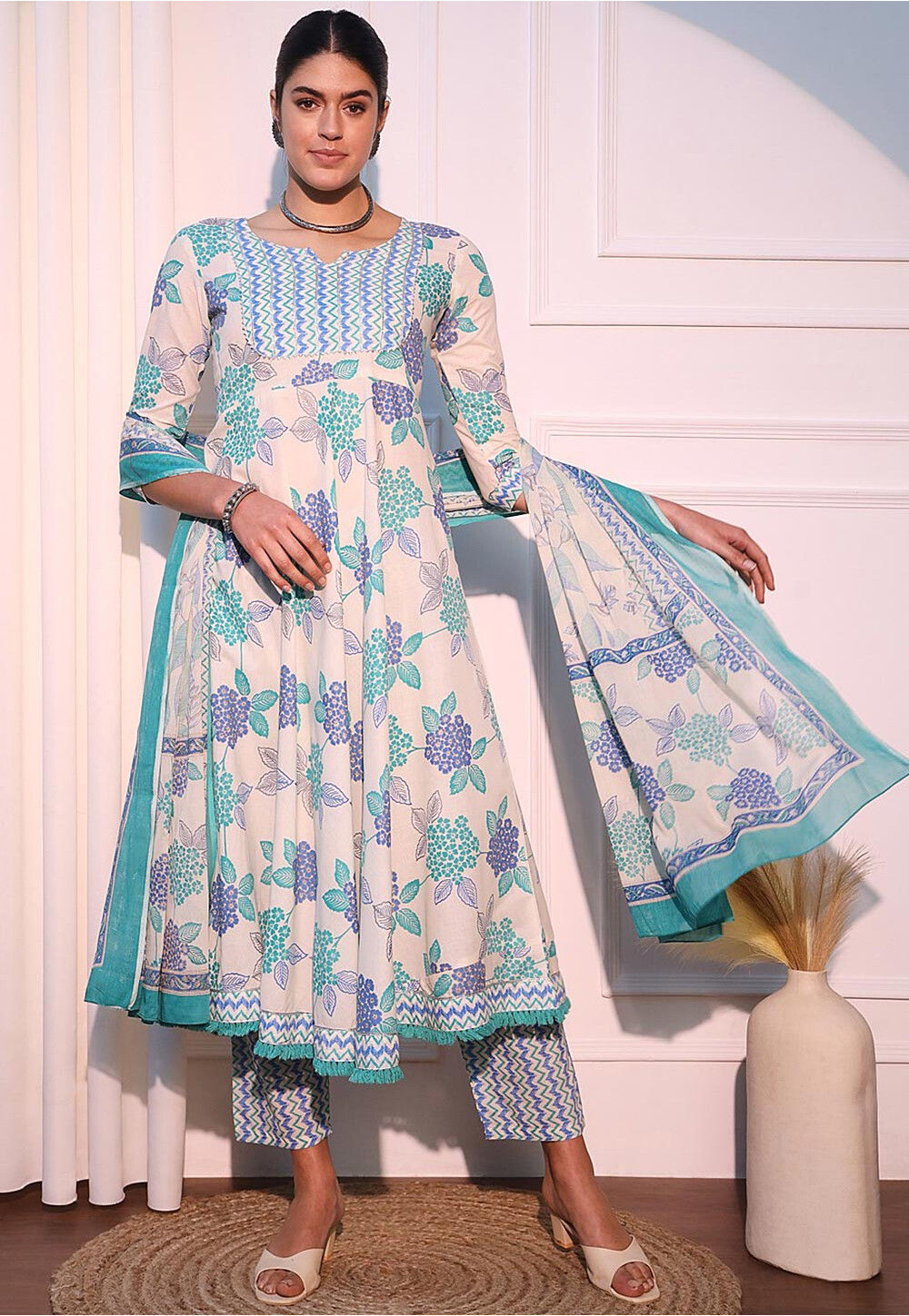 Buy Printed Pure Cotton Aline Suit in White Online : KPX138 - Utsav Fashion