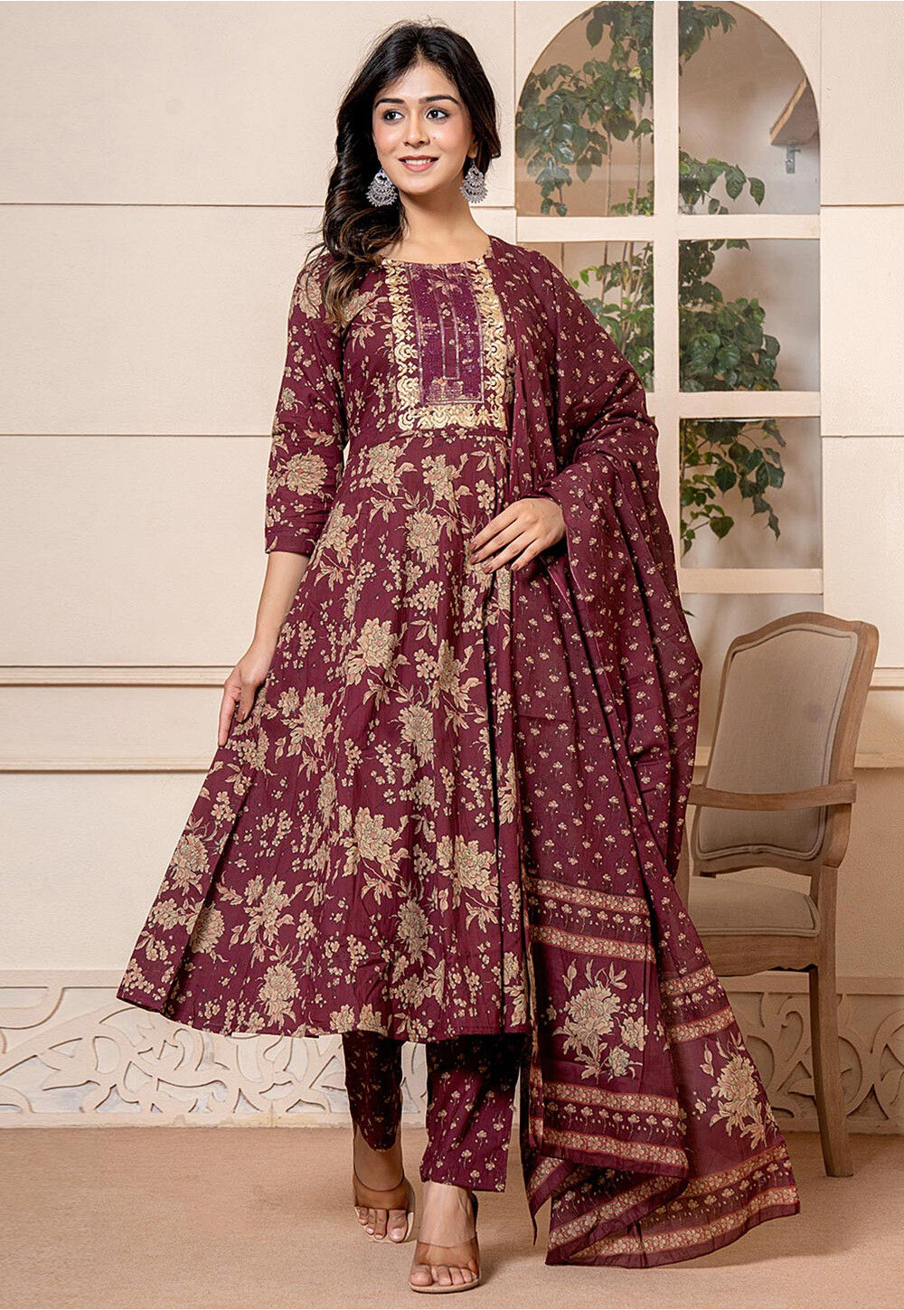 Buy Printed Pure Cotton Aline Suit in Wine Online : KJL1646 - Utsav Fashion