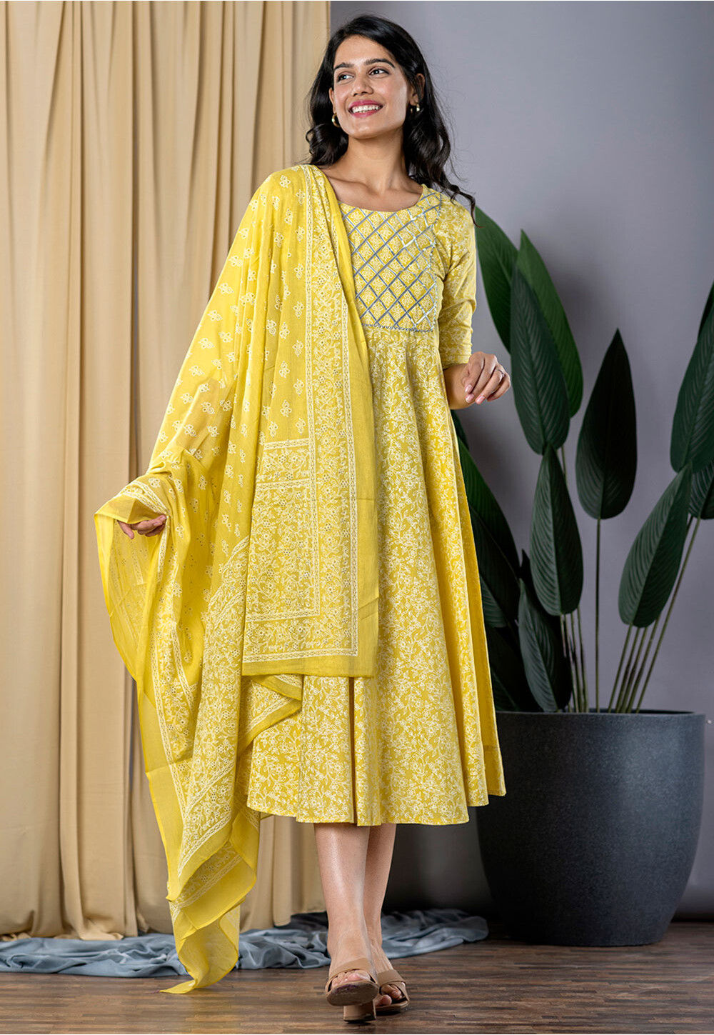 Buy Printed Pure Cotton Aline Suit in Yellow Online : KQK37 - Utsav Fashion