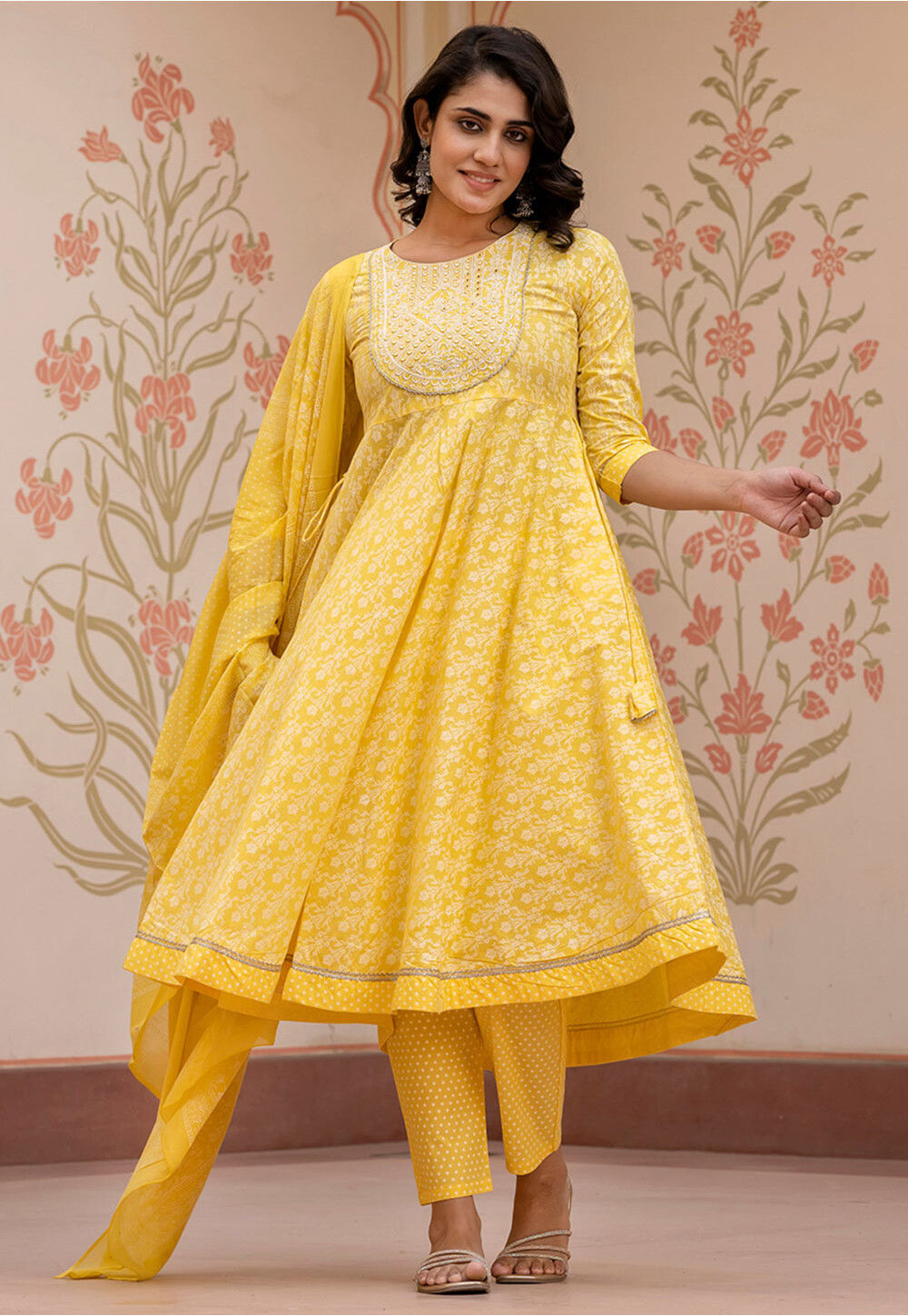 Buy Printed Pure Cotton Aline Suit in Yellow Online : KQK48 - Utsav Fashion