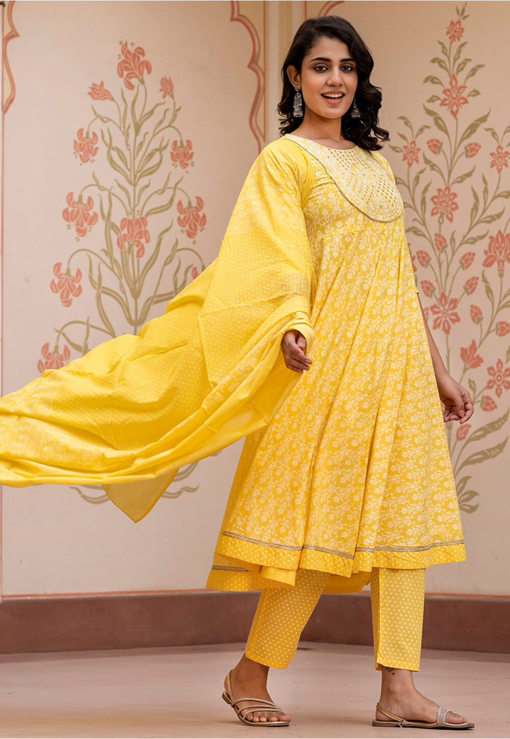 Buy Printed Pure Cotton Aline Suit in Yellow Online : KQK48 - Utsav Fashion