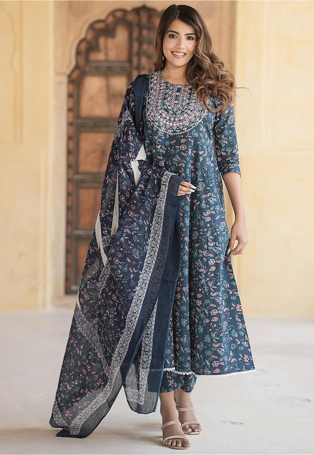 Buy Printed Pure Cotton Anarkali Suit in Dark Blue Online : KPX149 ...