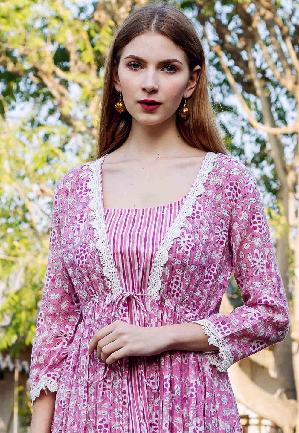 Buy Printed Pure Cotton Inner Midi Dress with Jacket in Pink and White ...