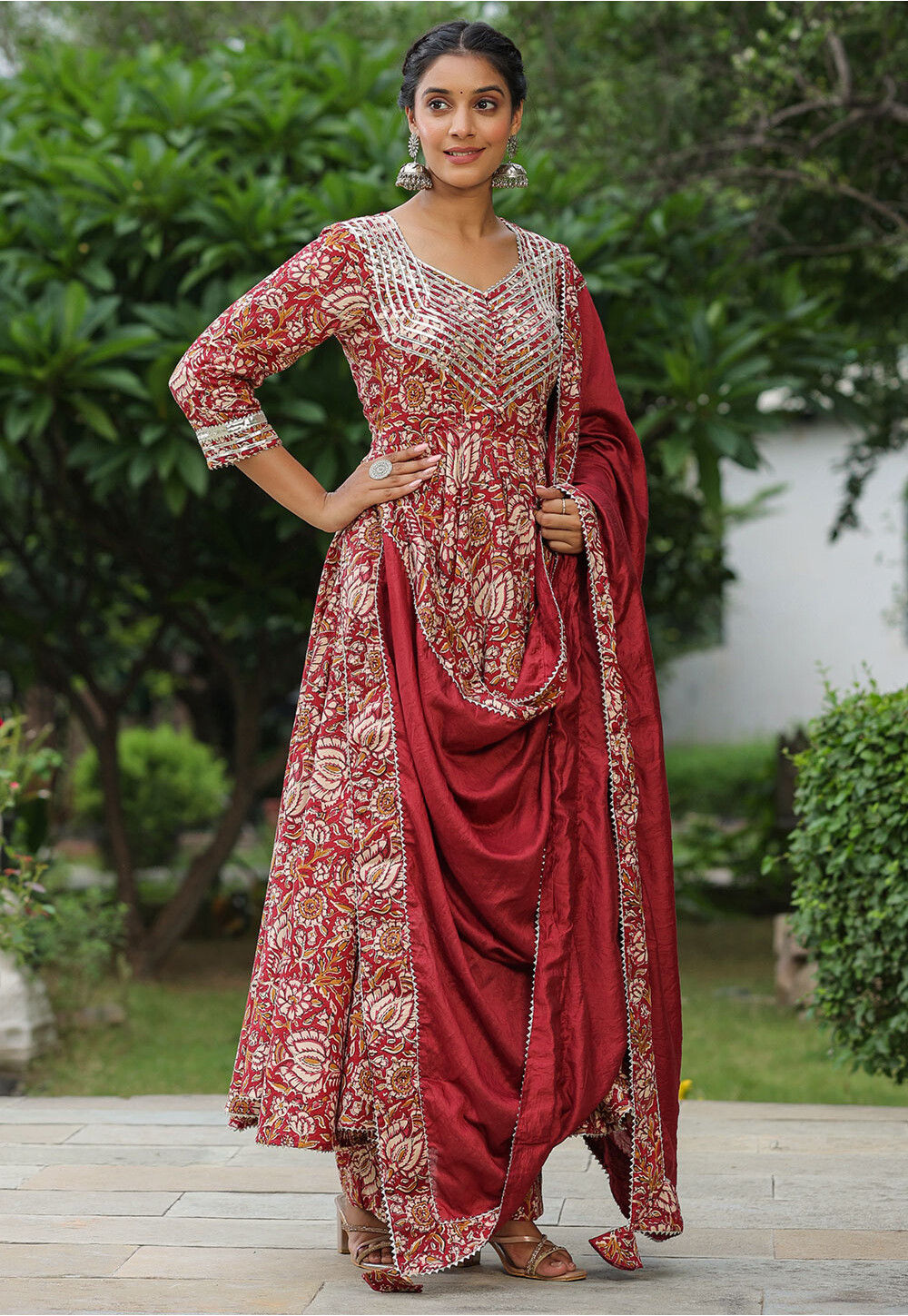 Buy Printed Pure Cotton Lurex Aline Suit in Red Online : KJW351 - Utsav ...