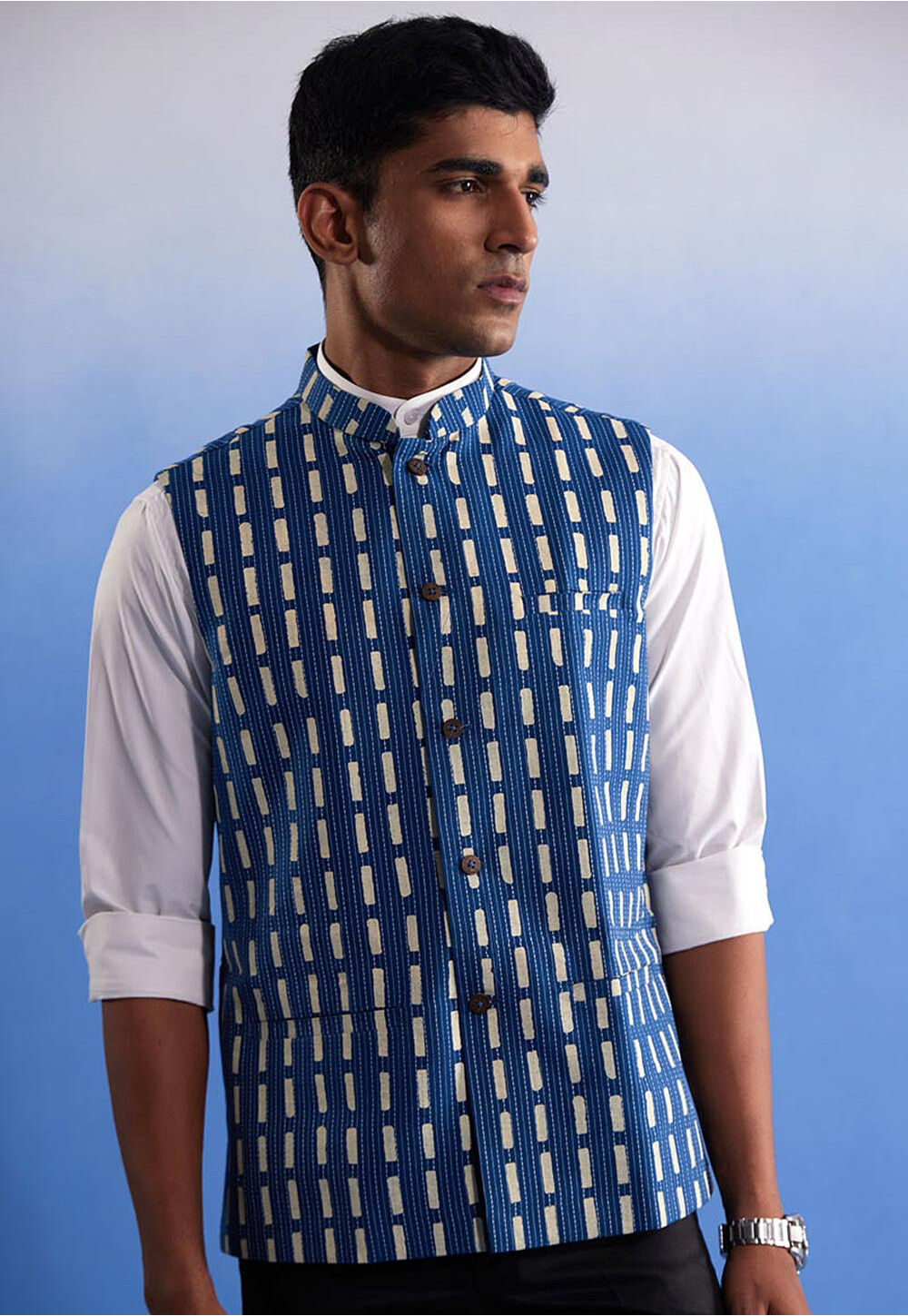 Buy Printed Pure Cotton Nehru Jacket in Blue Online : MTR4880 - Utsav ...