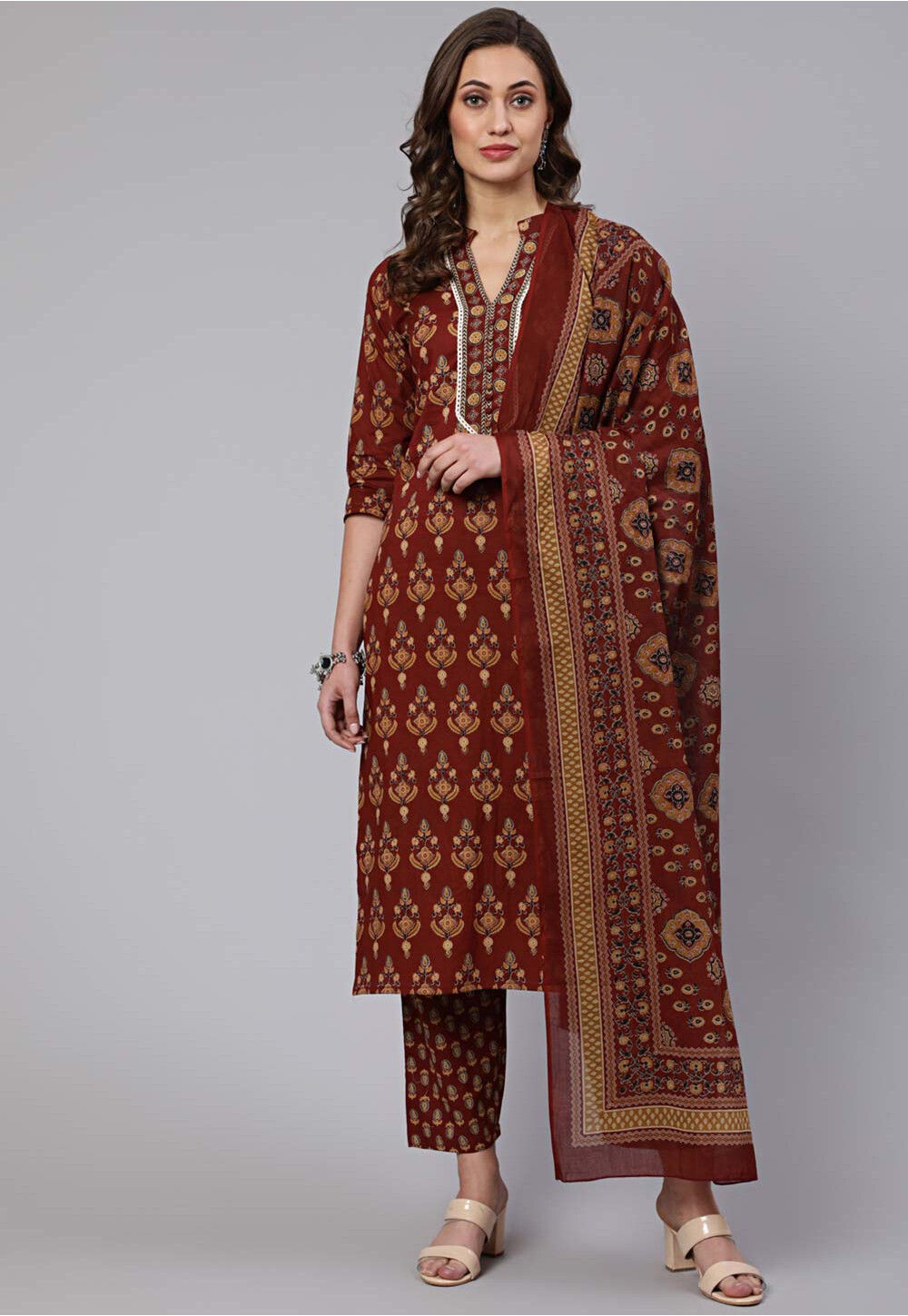 Buy Printed Pure Cotton Pakistani Suit in Brown Online : KQS175 - Utsav ...