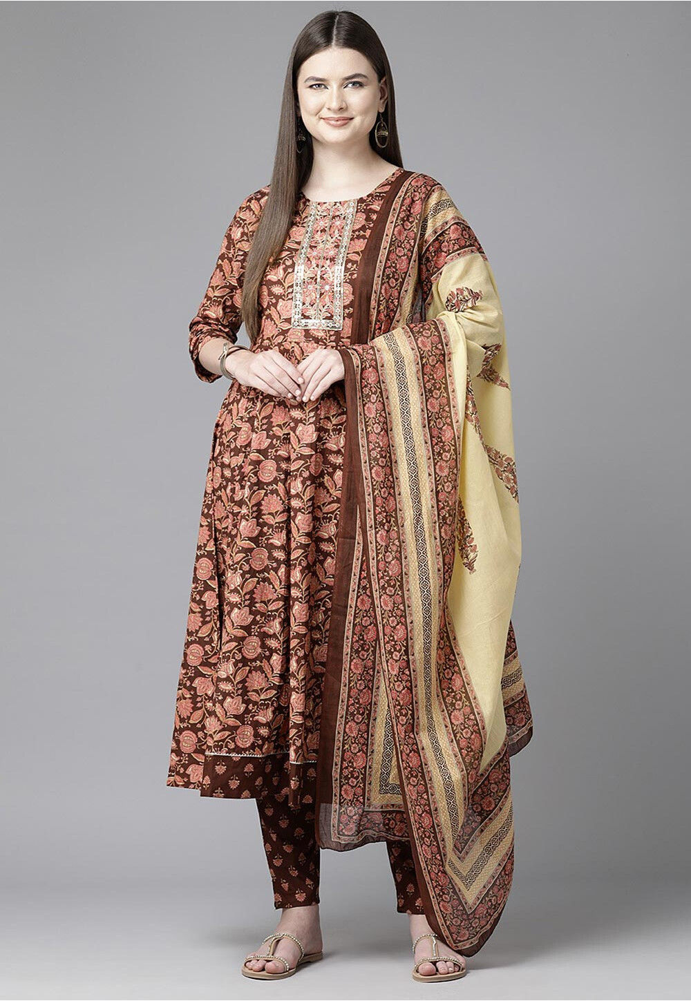 Buy Printed Pure Cotton Pakistani Suit in Dark Brown Online : KJL1103 ...