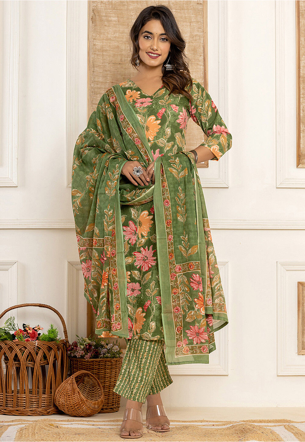 Buy Printed Pure Cotton Pakistani Suit in Green Online : KJL1572 ...