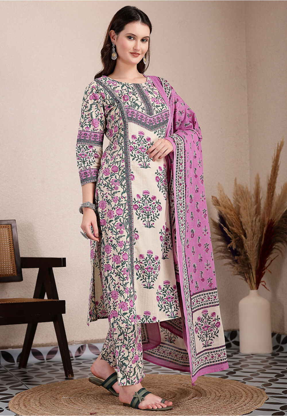 Buy Printed Pure Cotton Pakistani Suit in Light Beige Online : KJL2256 ...