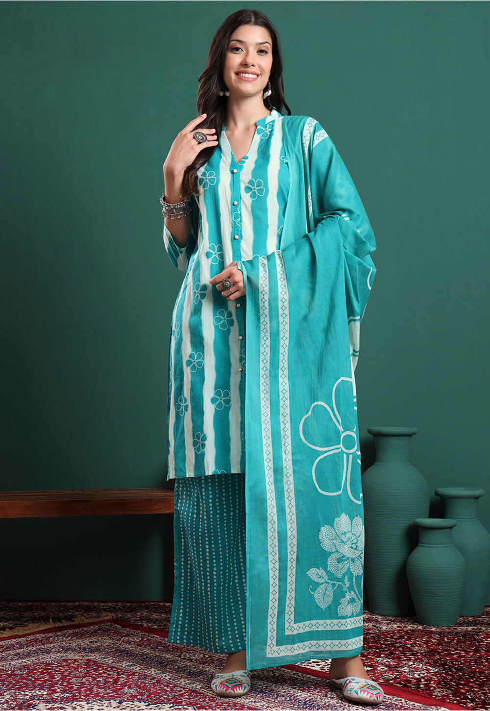 Buy Printed Pure Cotton Pakistani Suit in Turquoise and White Online ...