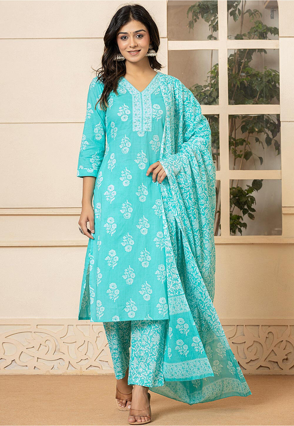 Buy Printed Pure Cotton Pakistani Suit in Turquoise Online : KJL1651 ...
