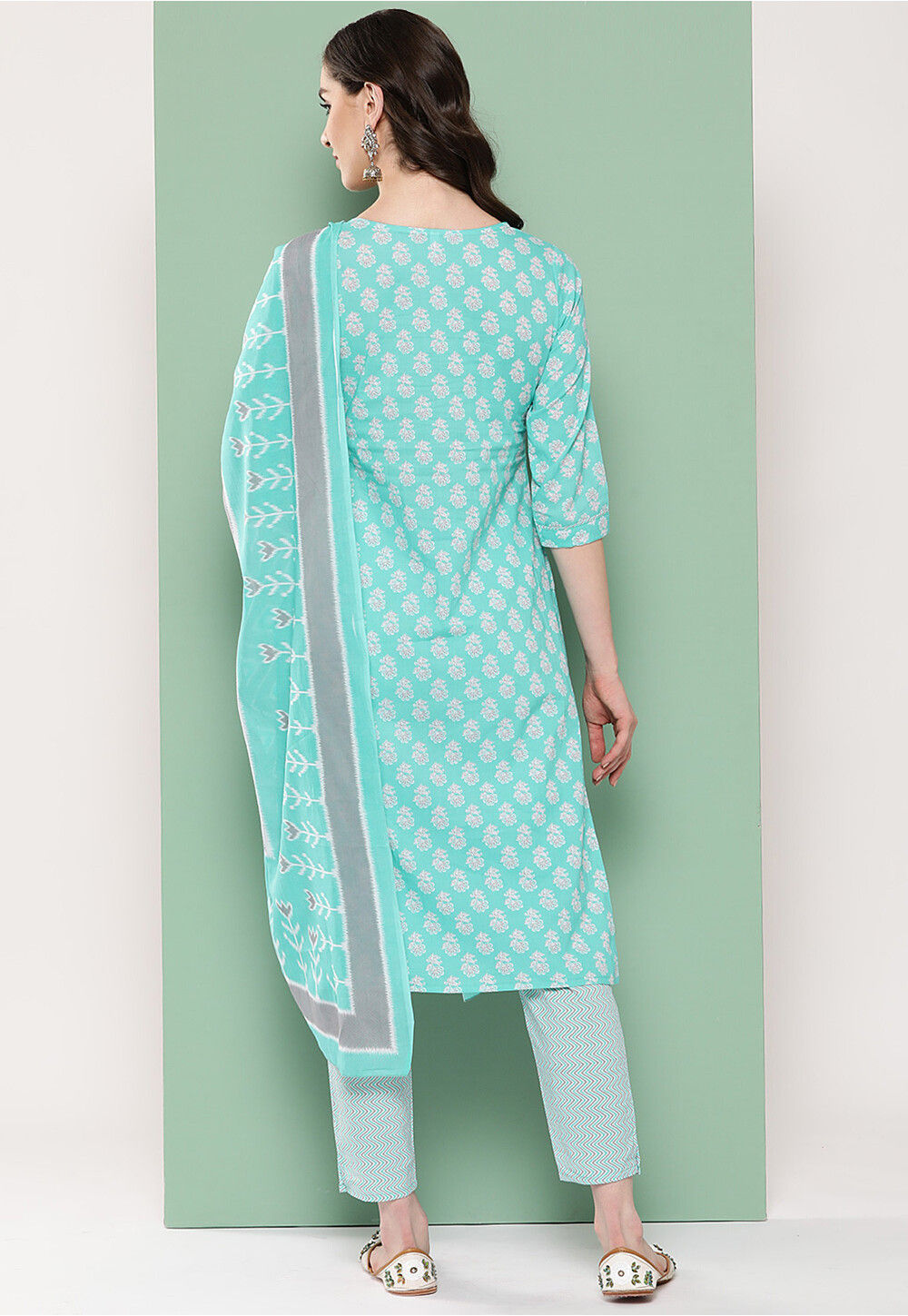 Printed Pure Cotton Pakistani Suit in Turquoise : KJL920