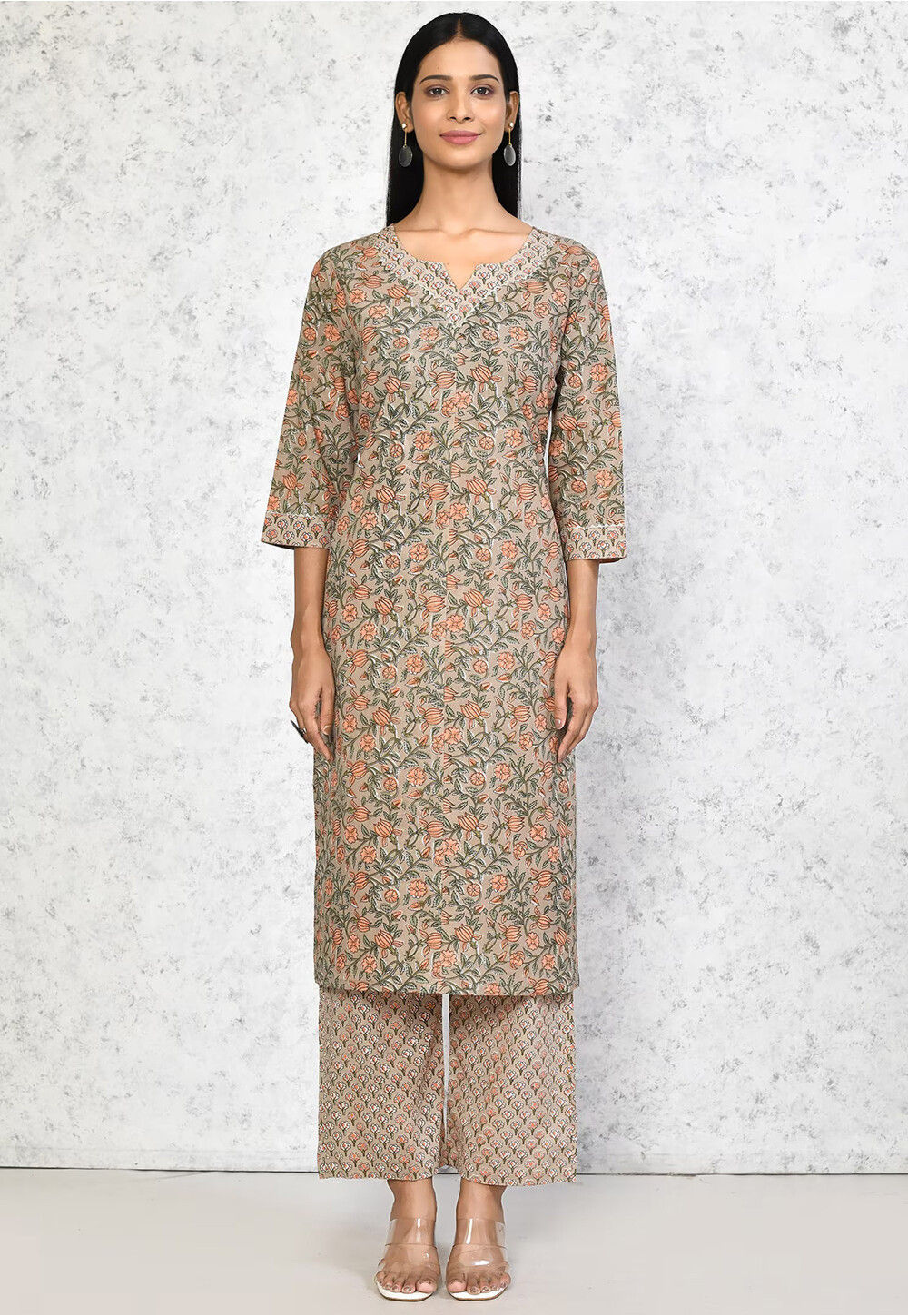 Buy Printed Pure Cotton Straight Kurta Set in Beige Online : TFP289 ...