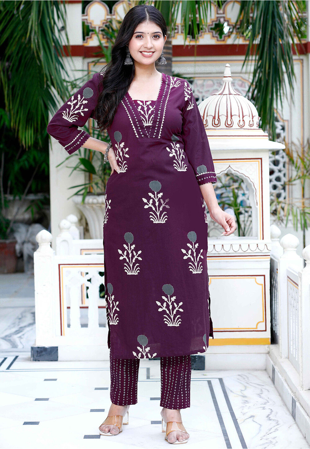 Buy Printed Pure Cotton Straight Kurta Set in Violet Online : TFP328 ...