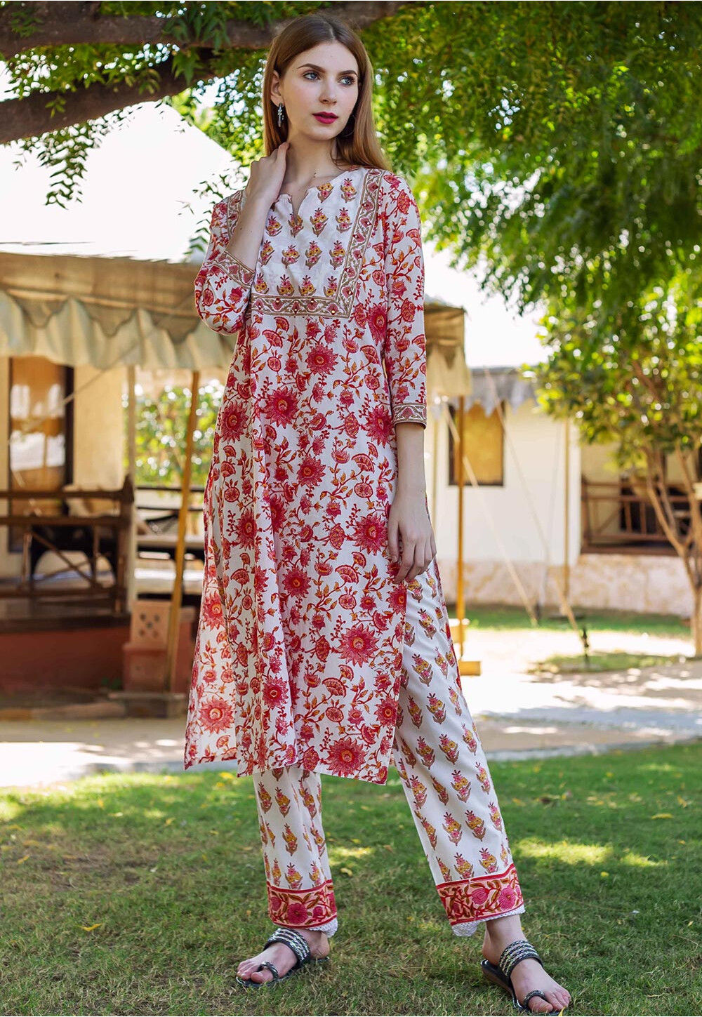 Buy Printed Pure Cotton Straight Kurta Set in White Online : TQM732 ...