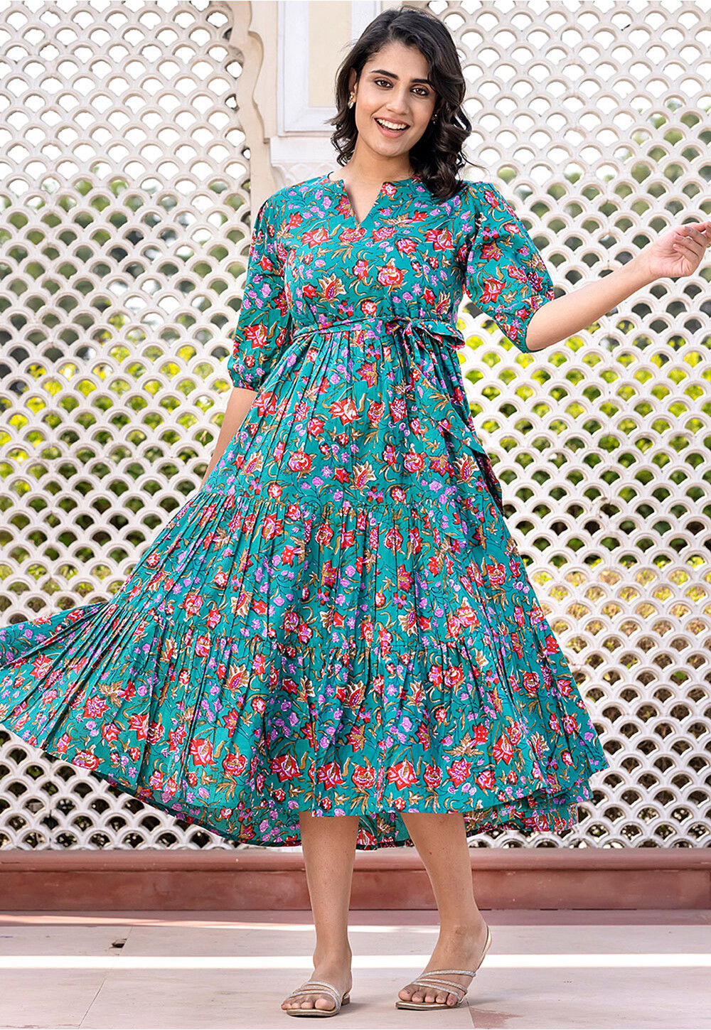 Buy Printed Pure Cotton Tiered Dress in Teal Blue Online : THM135 ...