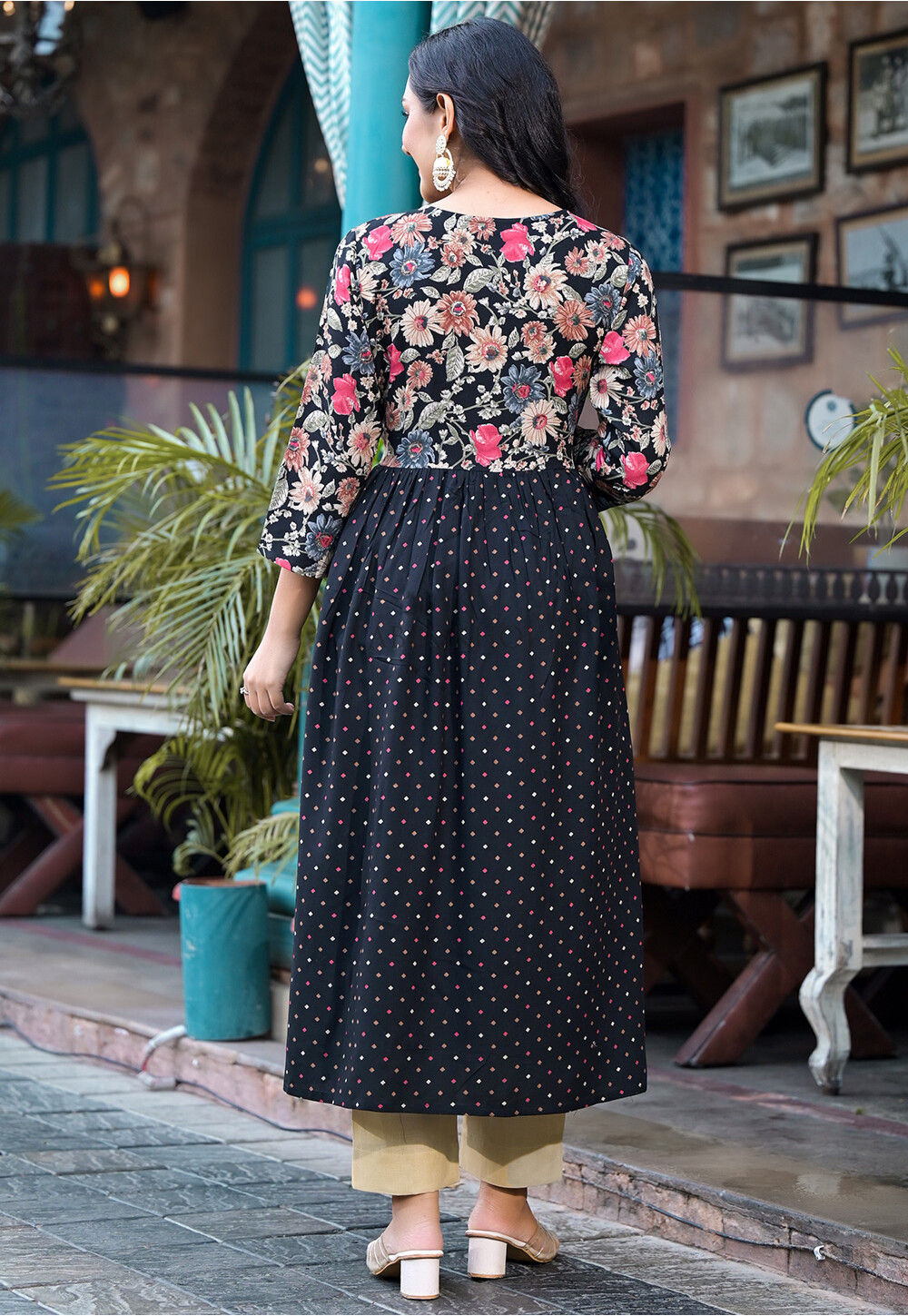 Buy Printed Rayon Alia Cut Kurta in Black Online : TPA3784 - Utsav Fashion