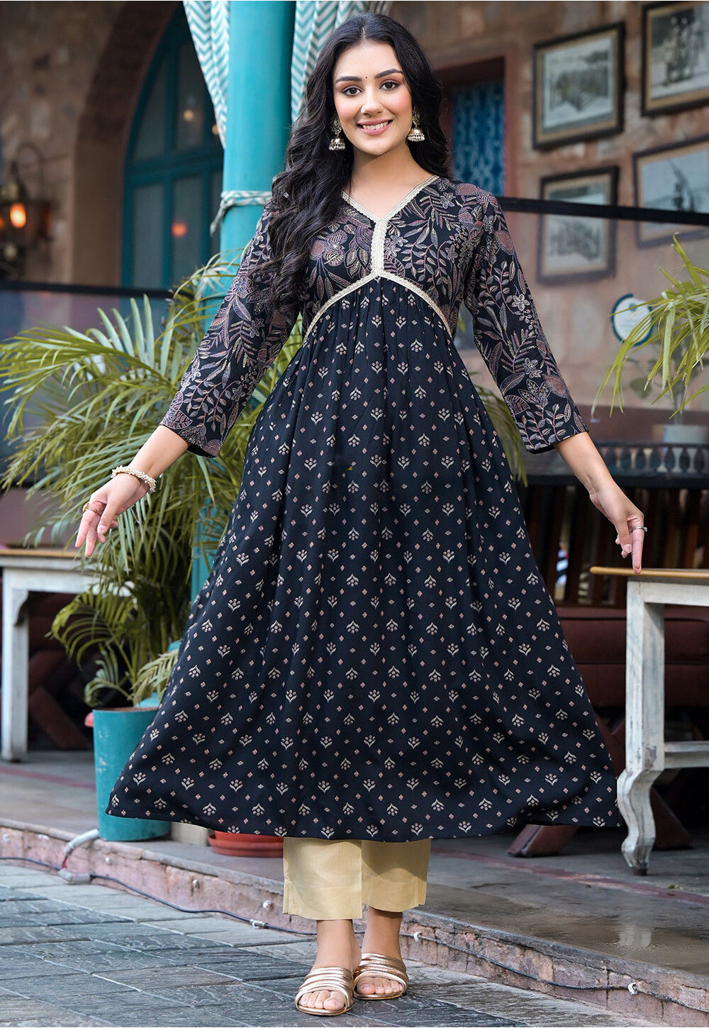 Buy Printed Rayon Alia Cut Kurta in Navy Blue Online : TPA3782 - Utsav ...