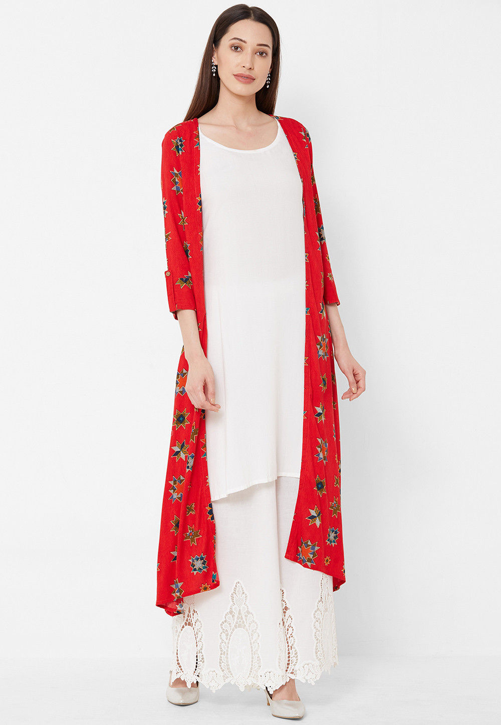 Buy Printed Rayon Jacket Style Kurta in Off White and Red Online ...