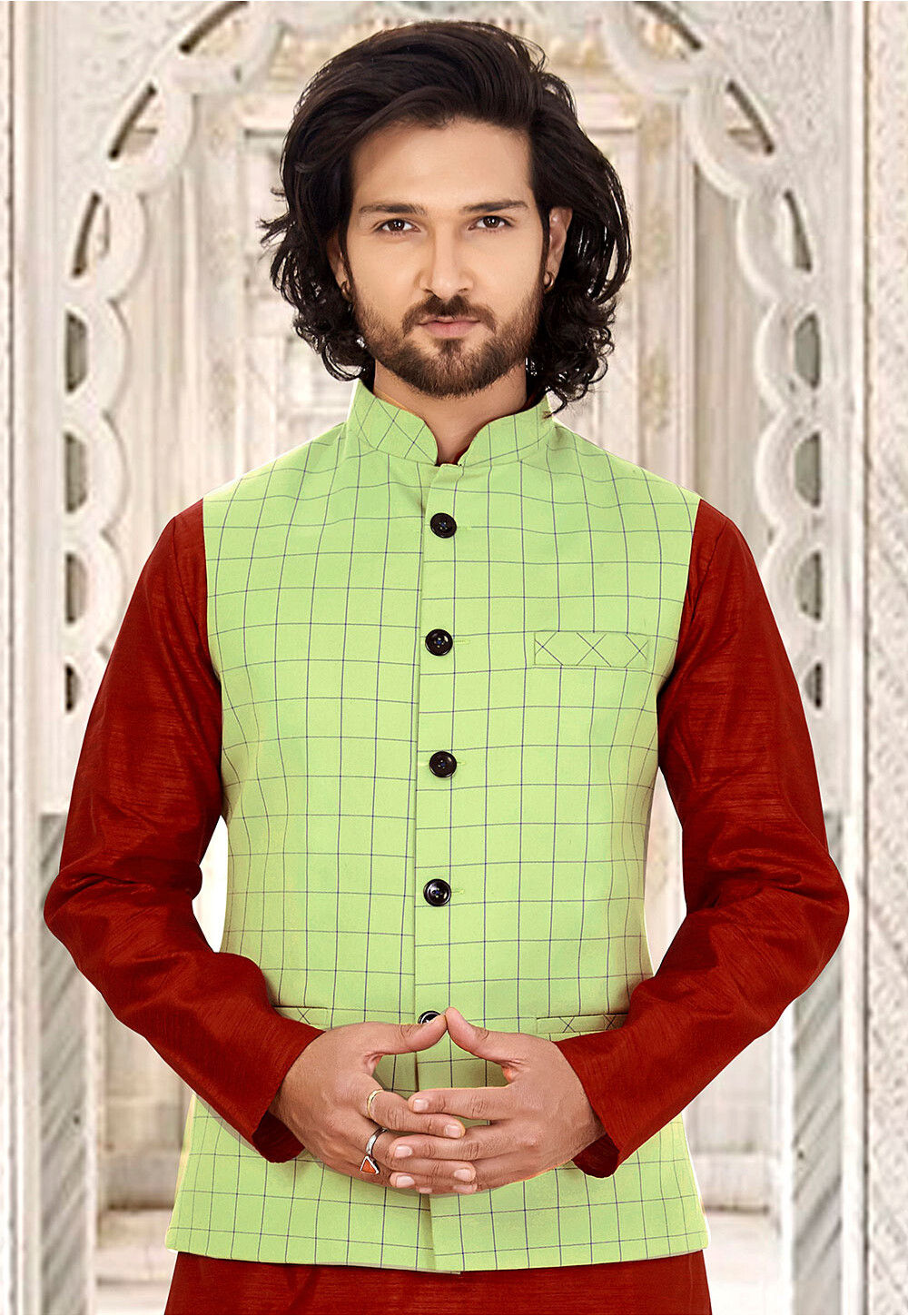Buy Printed Terry Rayon Nehru Jacket in Light Green Online : MHG2666 ...