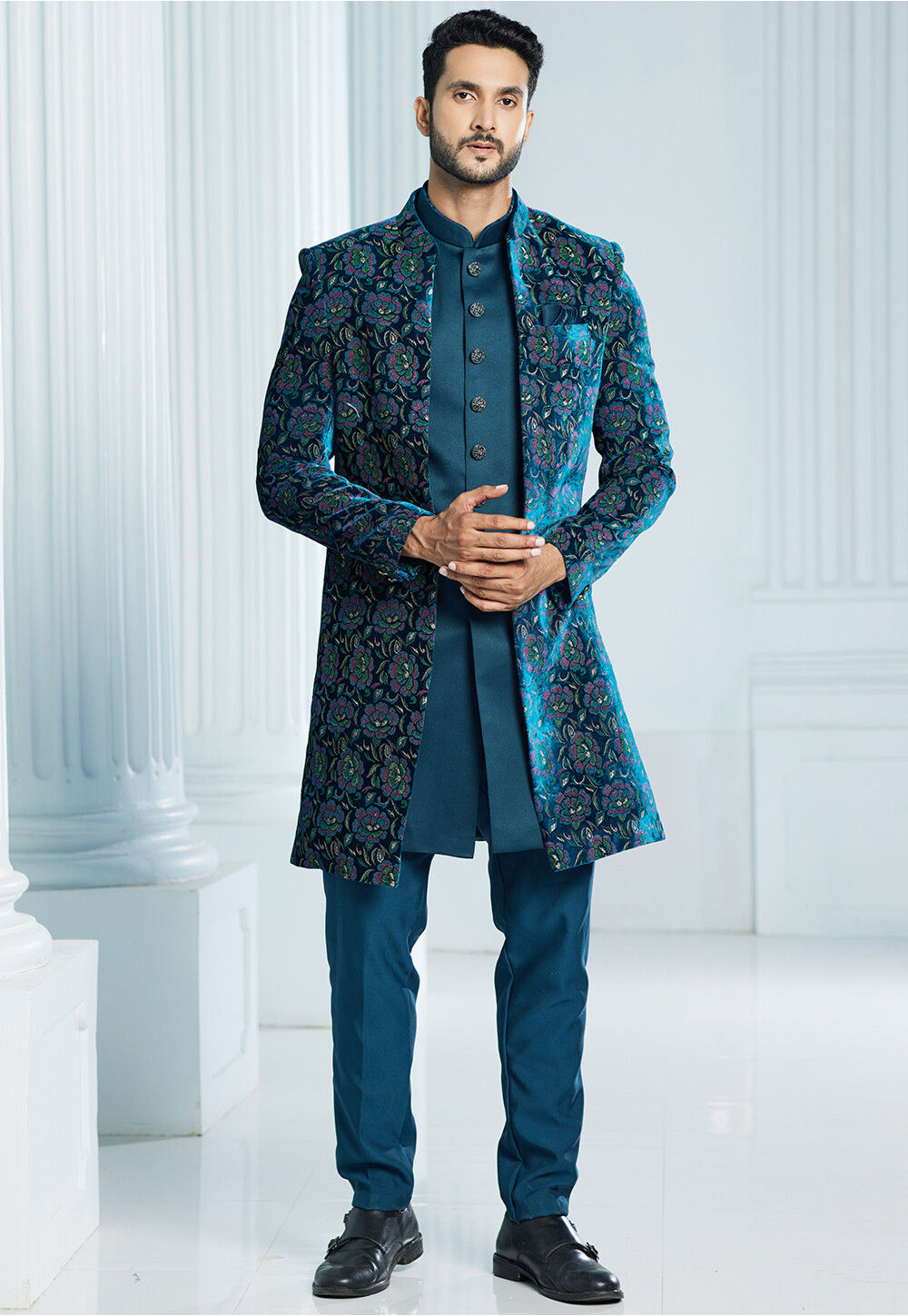 Buy Printed Velvet Sherwani in Teal Blue Online : MLY1550 - Utsav Fashion