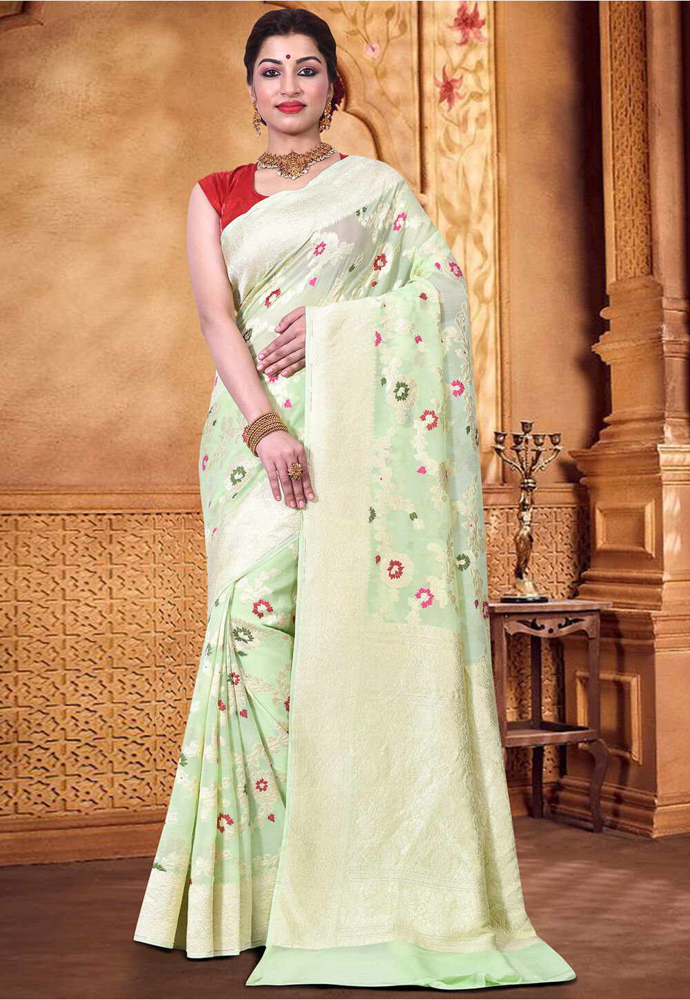 Buy Pure Banarasi Georgette Silk Handloom Saree in Light Green Online ...