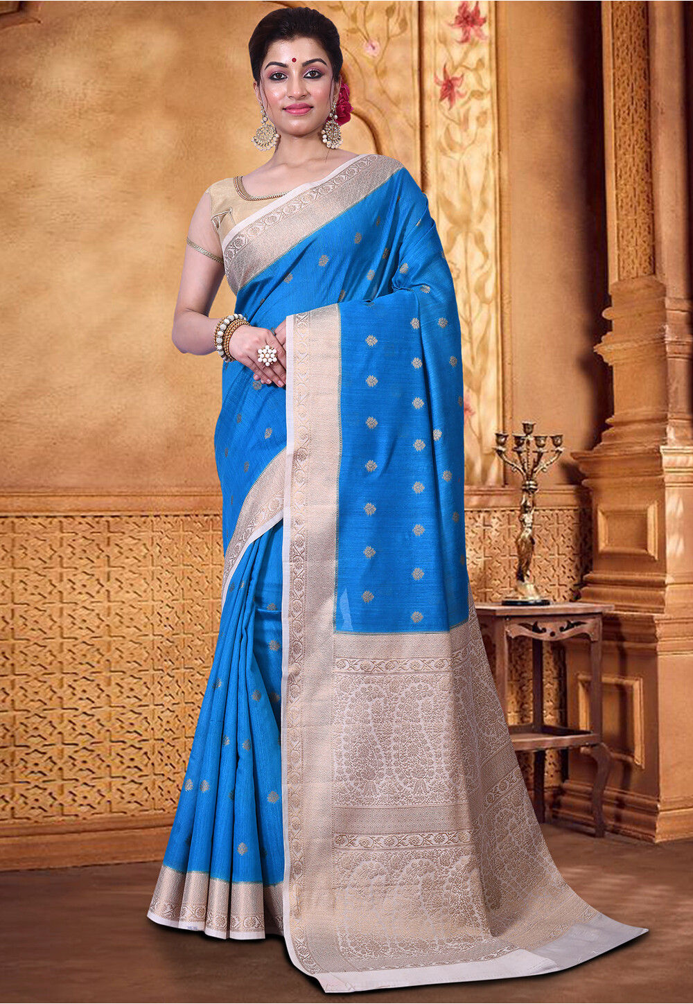 Buy Pure Muga Silk Banarasi Saree in Blue Online : SWZ1230 - Utsav Fashion