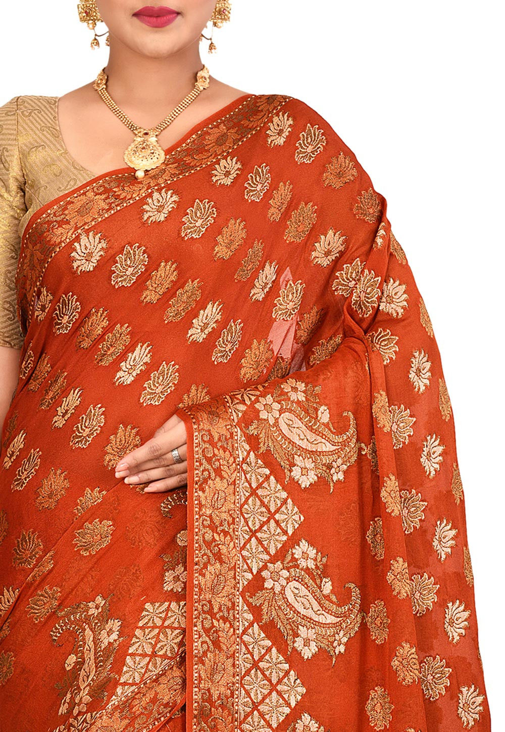 Pure Georgette Silk Banarasi Saree in Rust : SNEA1727