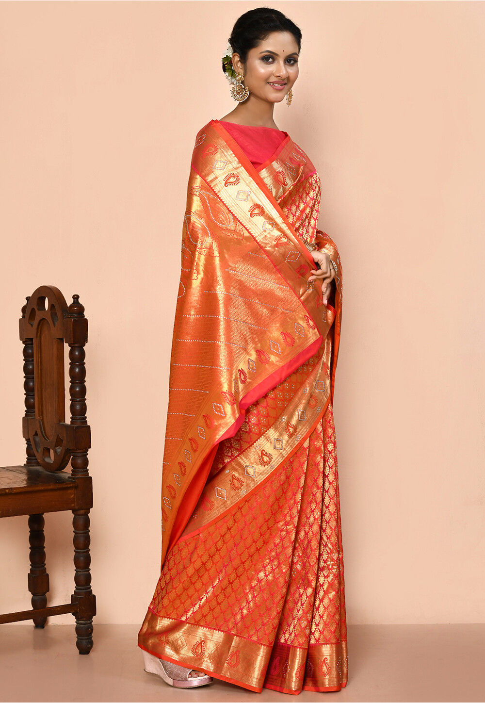 Buy Pure Kanchipuram Silk Embellished Saree in Coral Pink Online ...
