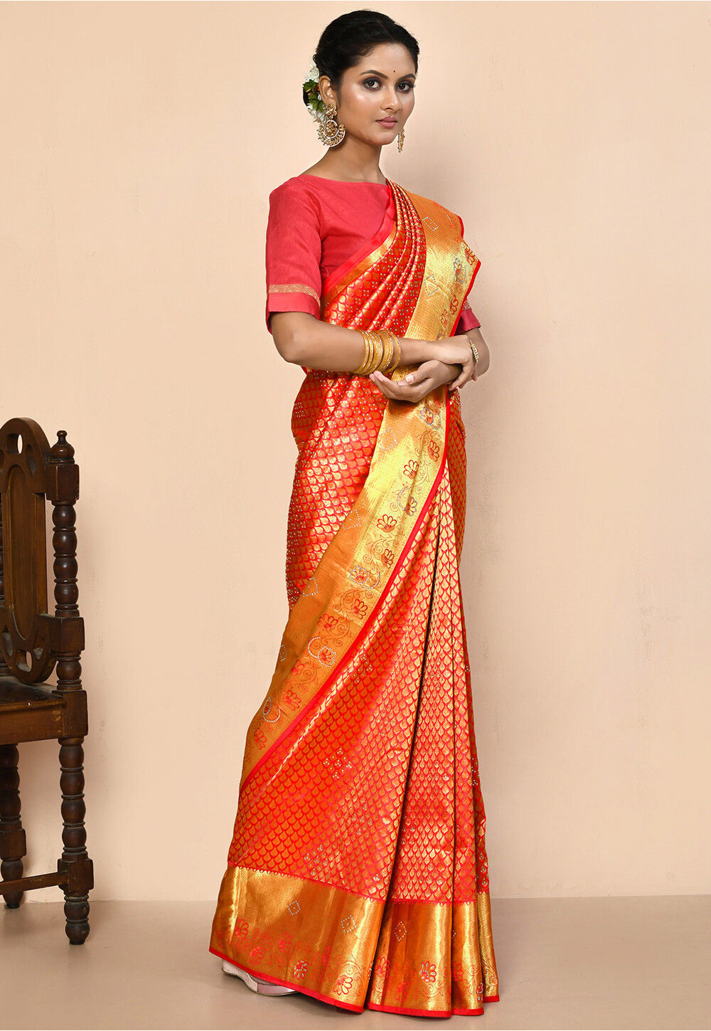 Buy Pure Kanchipuram Silk Embellished Saree in Red Online : SBRA2501 ...