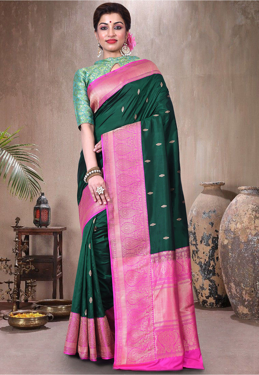 Buy Pure Katan Silk Handloom Saree in Dark Green Online : SWZ1248 ...