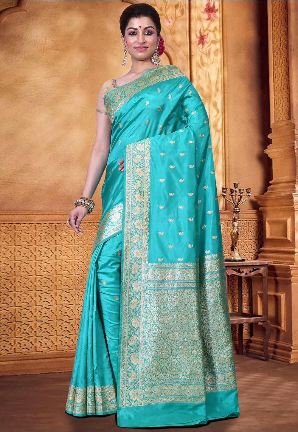 Buy Pure Katan Silk Handloom Saree in Turquoise Online : SWZ1213 ...