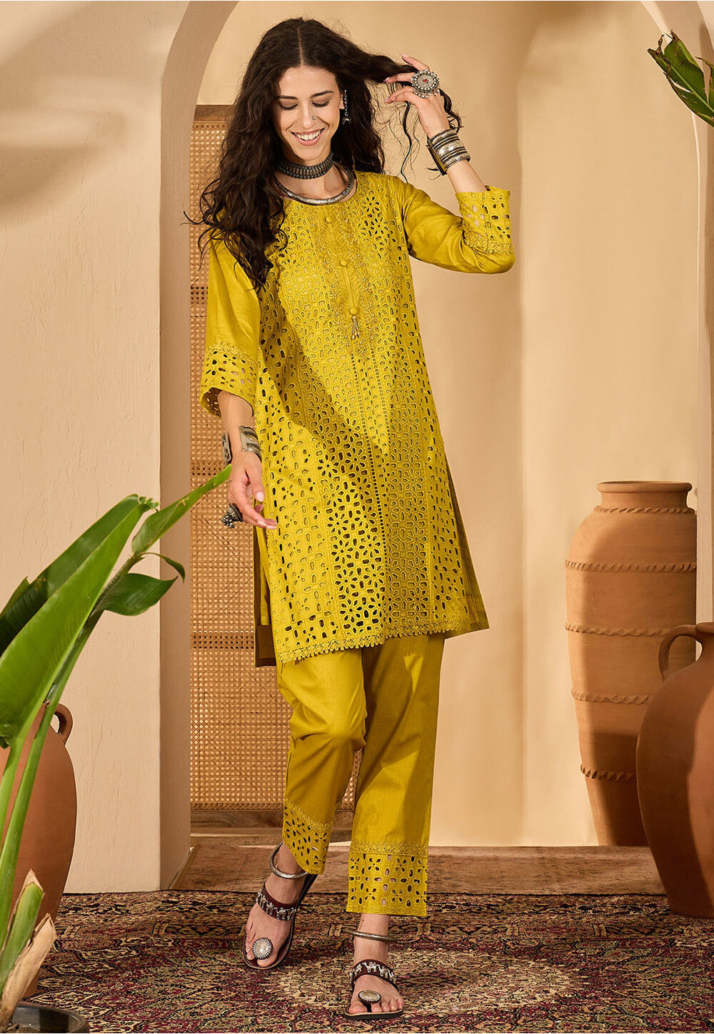 Buy Schiffli Pure Cotton Co Ord Set in Mustard Online : TBF675 - Utsav ...