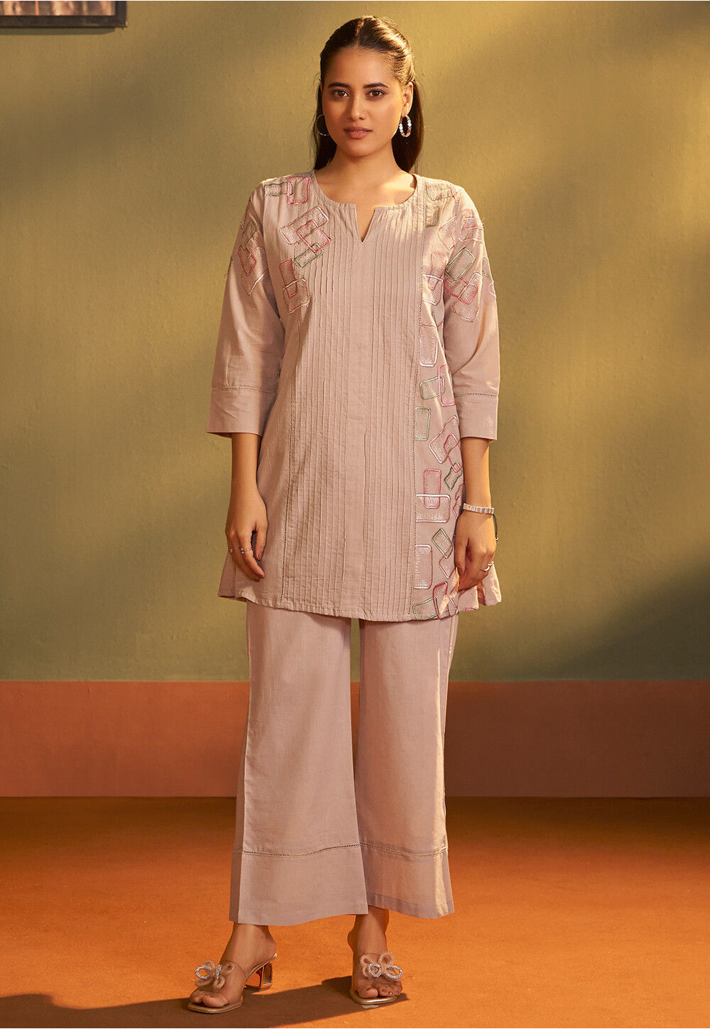 Buy Schiffli Pure Cotton Co Ord Set in Peach Online : TVM81 - Utsav Fashion