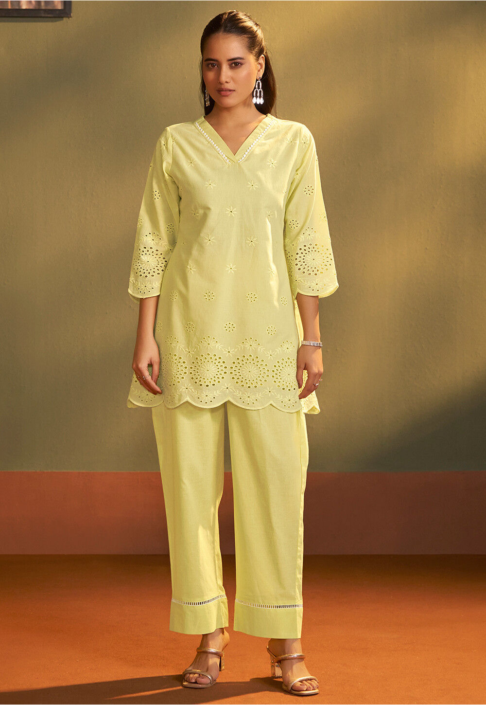 Buy Schiffli Pure Cotton Co Ord Set in Yellow Online : TVM78 - Utsav ...