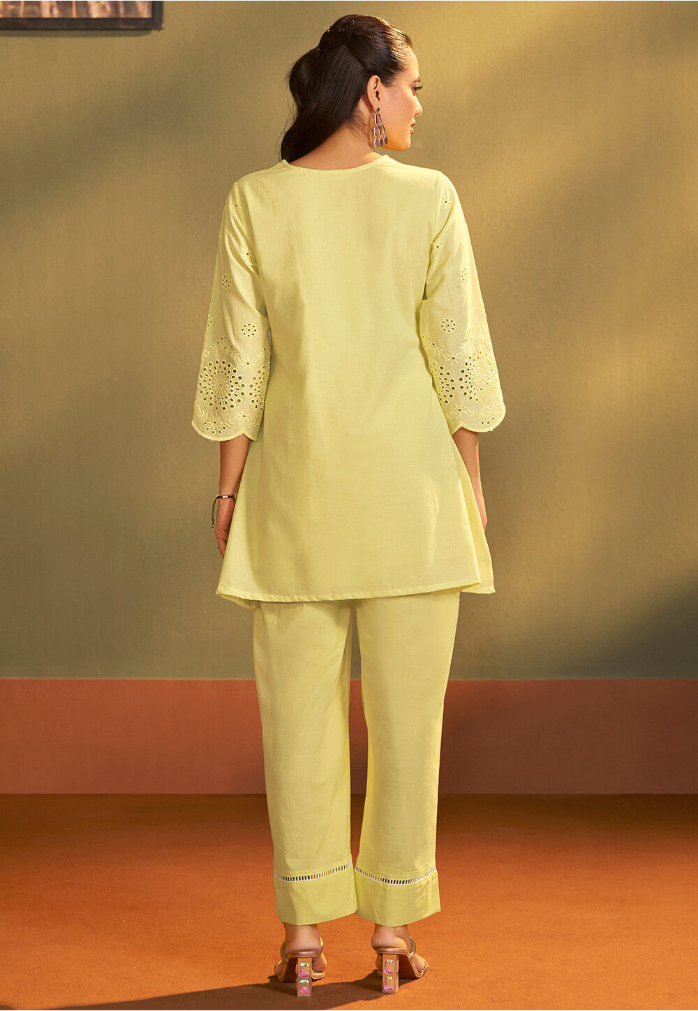 Buy Schiffli Pure Cotton Co Ord Set in Yellow Online : TVM78 - Utsav ...
