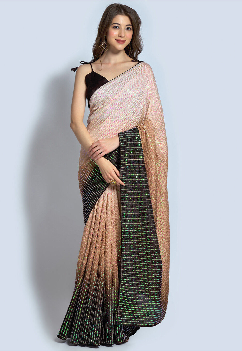 Buy Sequined Art Silk Saree in Beige and Brown Ombre sarees Online ...