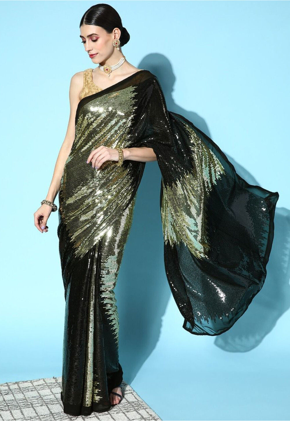 Buy Sequinned Georgette Saree in Black and Golden Online : SUF10600 ...