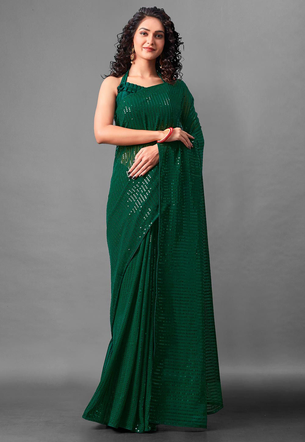 Buy Sequinned Georgette Saree in Green Online : SPF1447 - Utsav Fashion