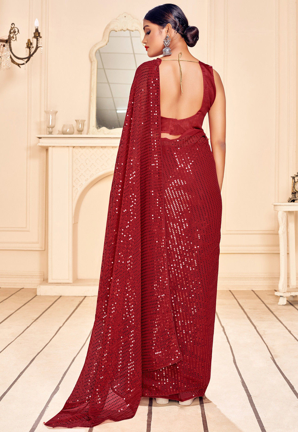 Buy Sequinned Georgette Saree In Maroon Online Spf1819 Utsav Fashion
