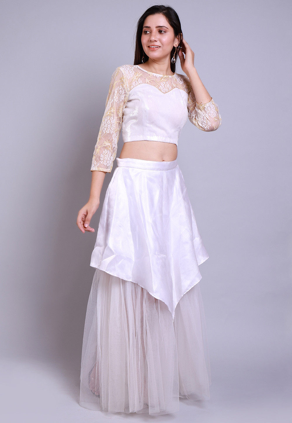 Buy Sequinned Net Crop Top with Skirt in White Online : TBQ512 - Utsav ...