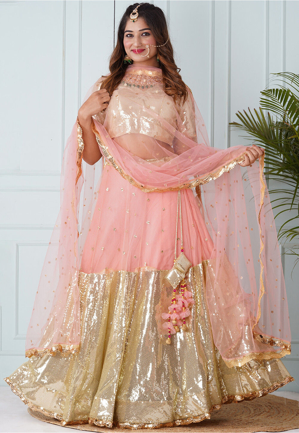 Buy Sequinned Net Lehenga in Peach and Beige Online : LJN1598 - Utsav ...