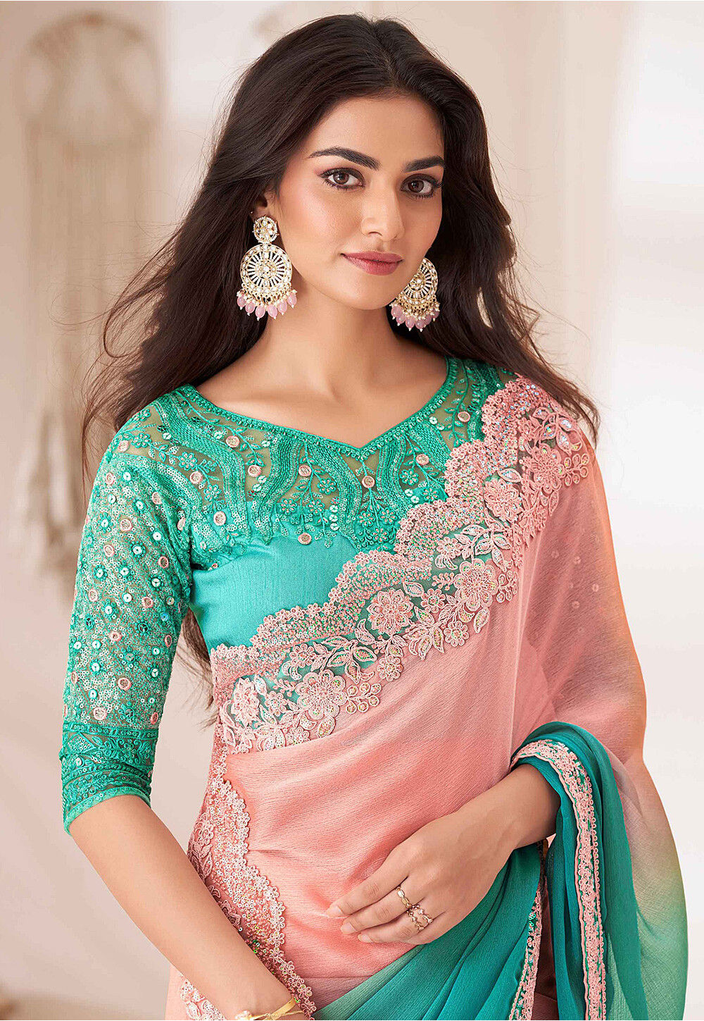 Buy Shaded Chiffon Saree in Shaded Peach and Turquoise Online ...