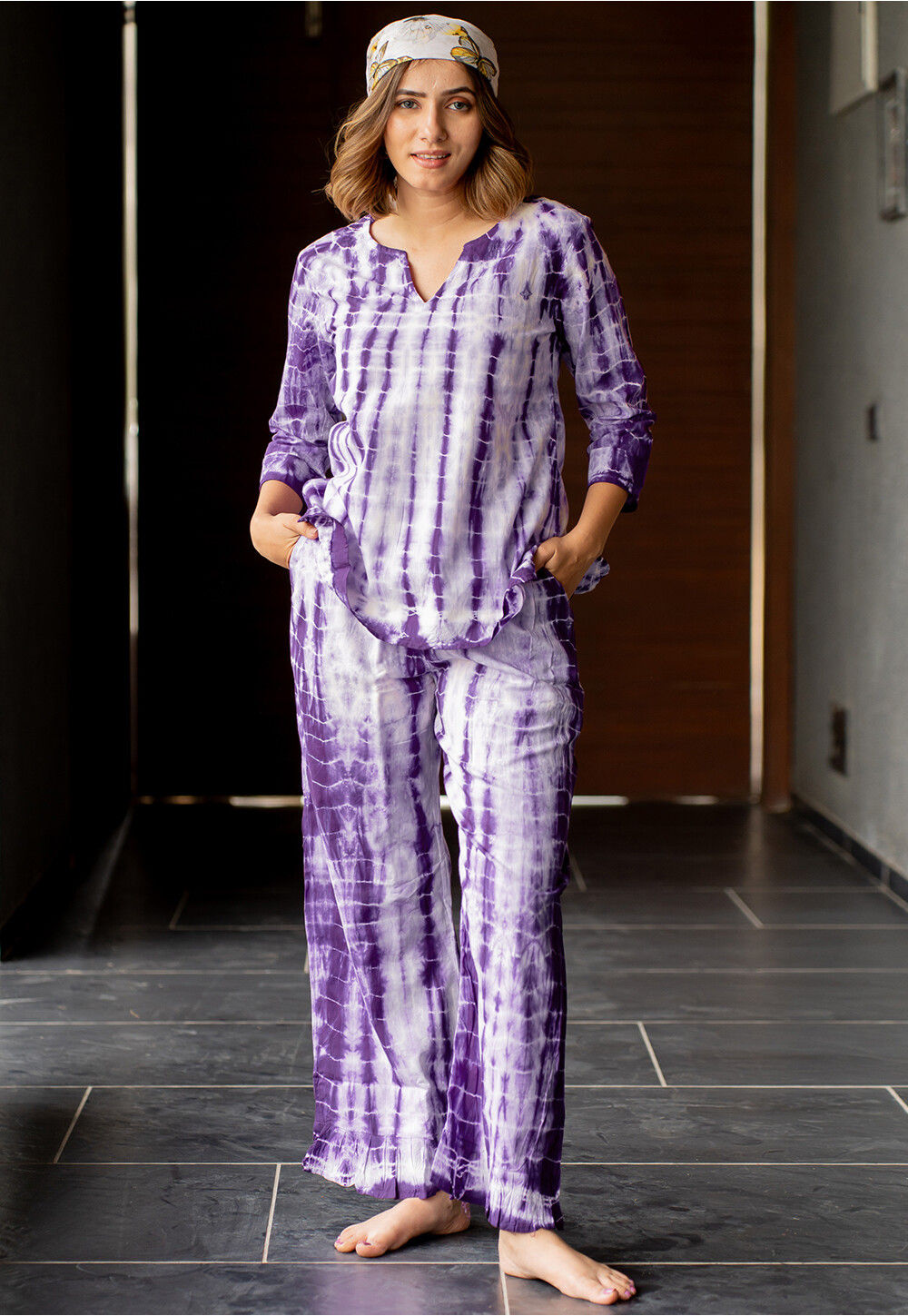 Buy Shibori Printed Pure Cotton Co Ord Set in Purple and White Online ...