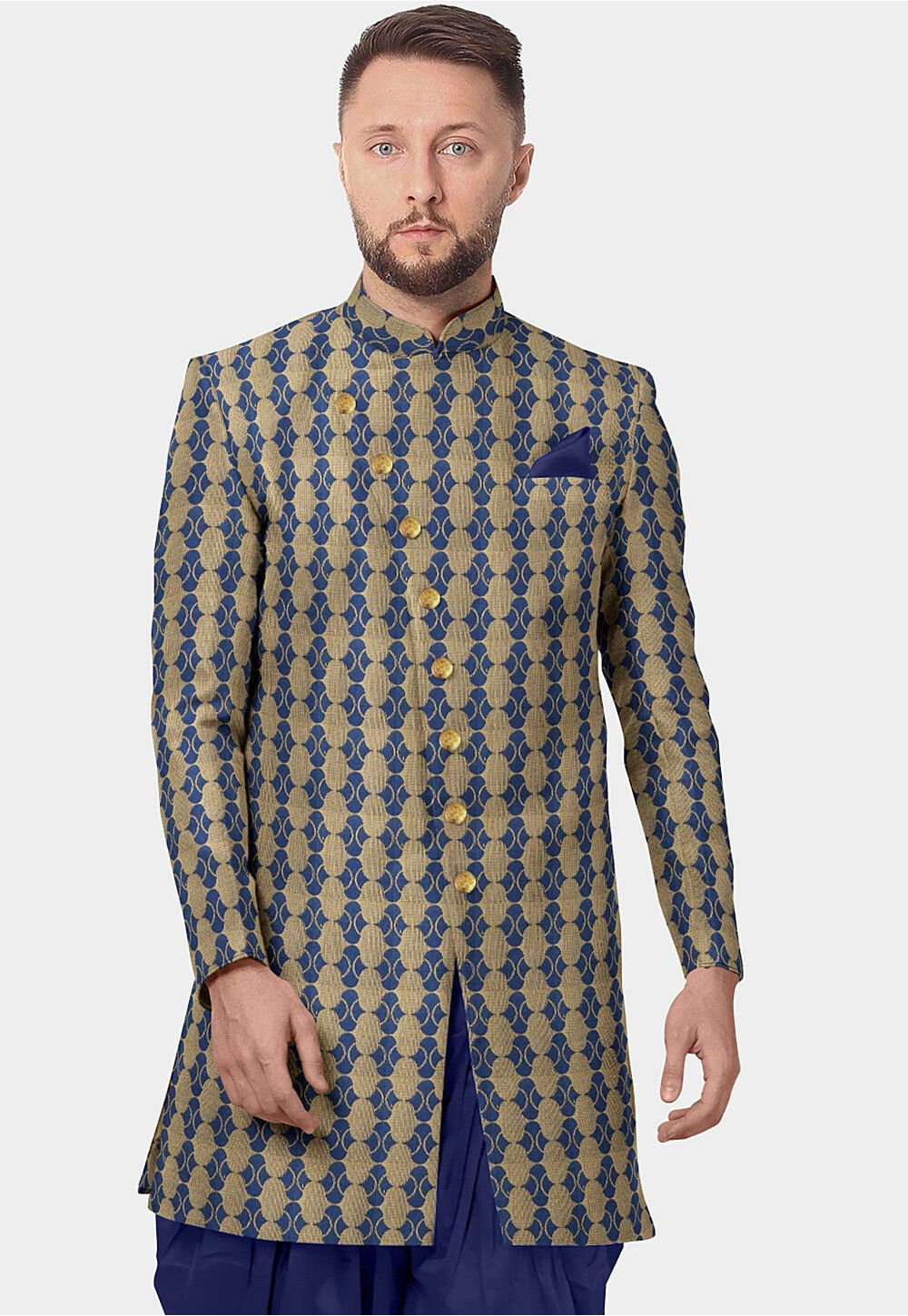 Buy Silk Brocade Sherwani in Blue And Beige Online : MTE930 - Utsav Fashion