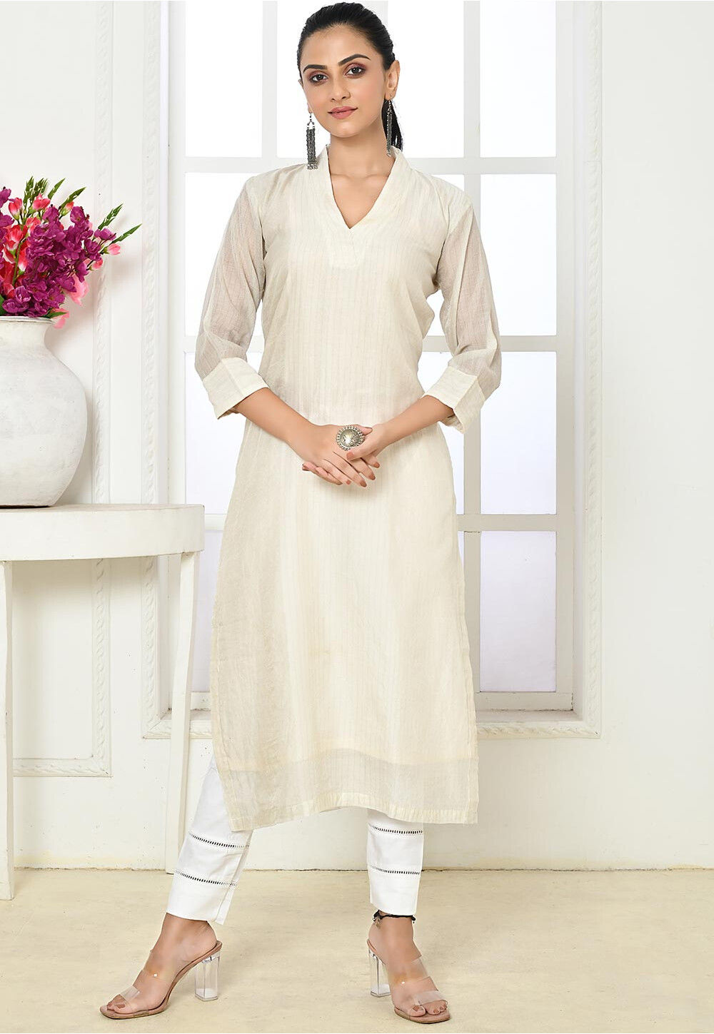 Buy Solid Color Art Chanderi silk Straight Kurta in Cream Online ...