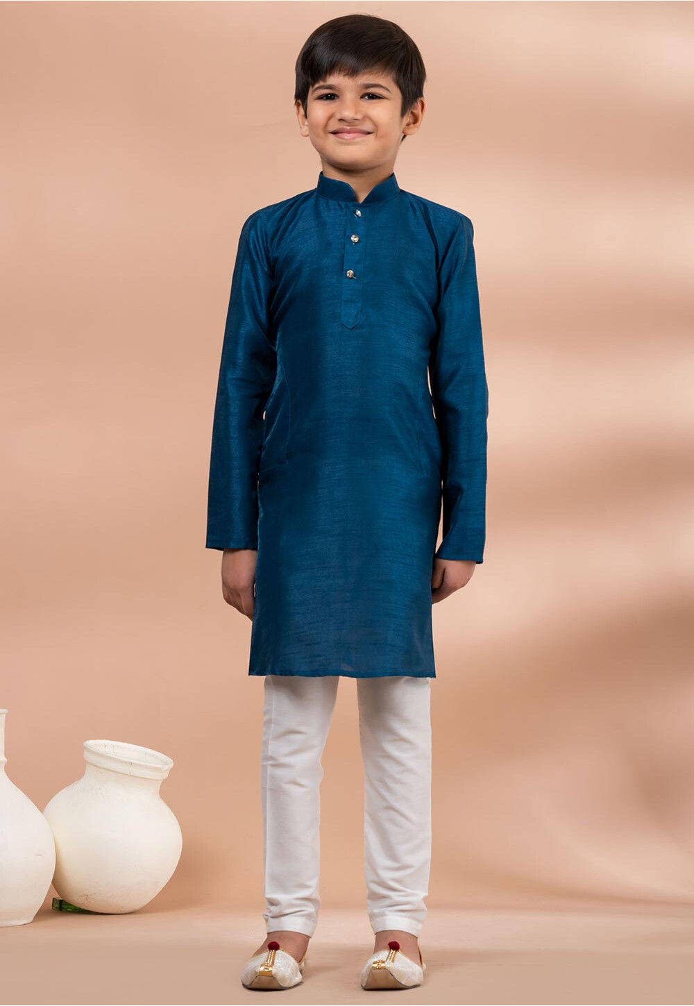 Buy Solid Color Art Dupion Silk Kurta Set in Dark Teal Blue Online ...