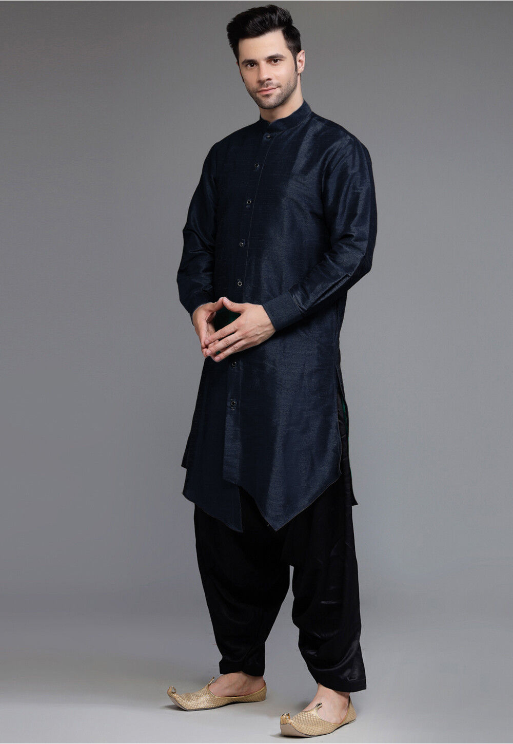 Buy Solid Color Art Silk Asymmetric Kurta Set in Navy Blue Online ...