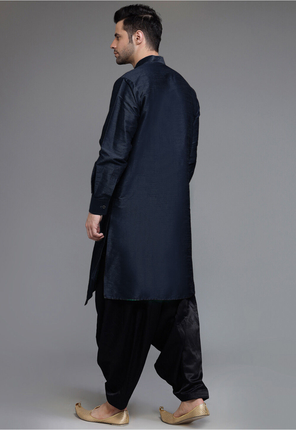 Buy Solid Color Art Silk Asymmetric Kurta Set in Navy Blue Online ...